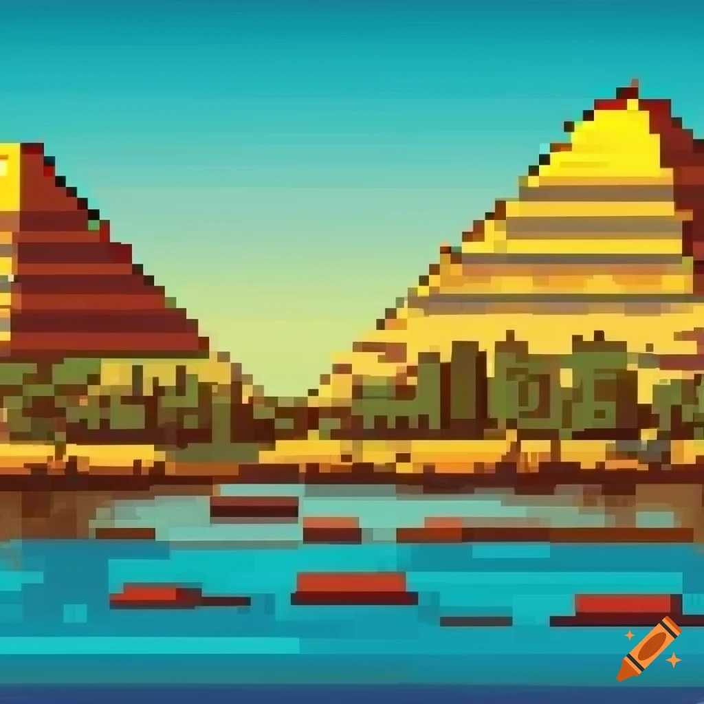 Ancient egypt landscape with the river nile in the foreground pixel art