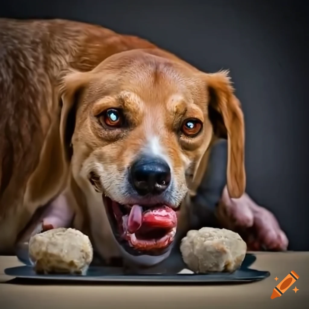 Dog eats a meatball