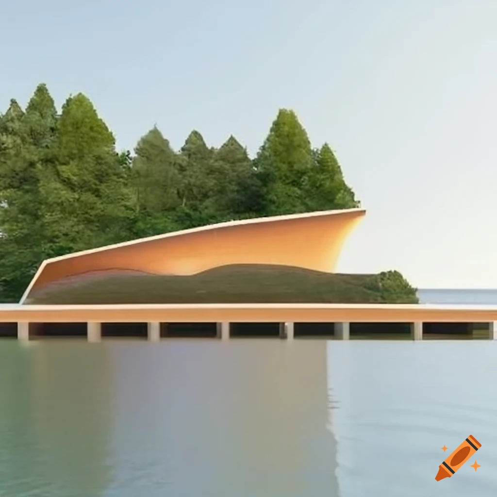 Architectural render of a sustainable pavilion besides the river. It ...