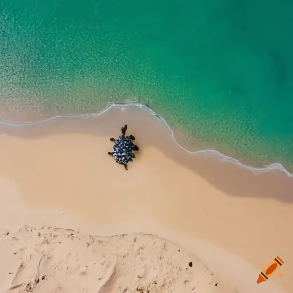 Aerial view of beach with a baby turtle crawling across the sand to the ...