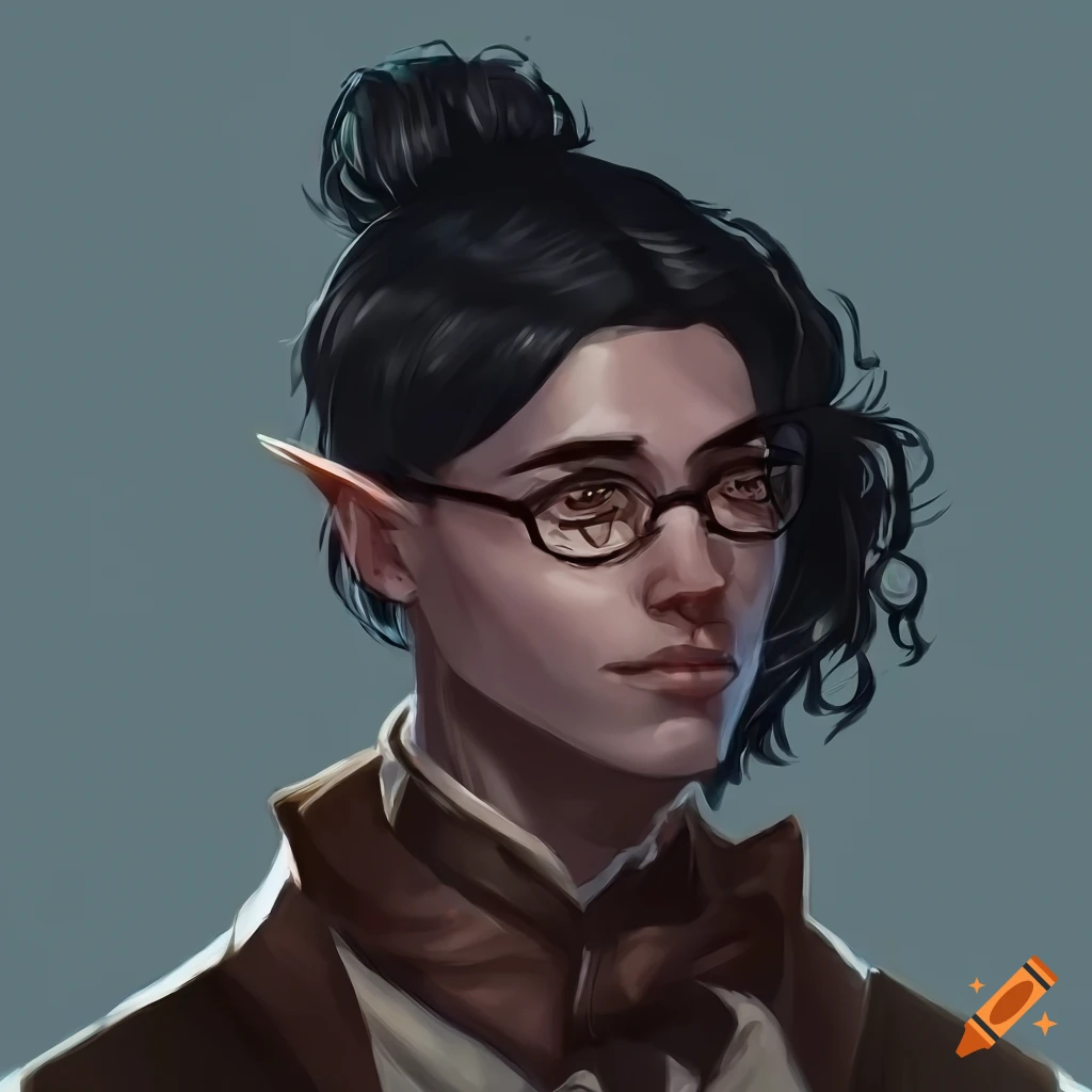 Dnd male merchant, long face, glasses, young, black hair, undercut ...