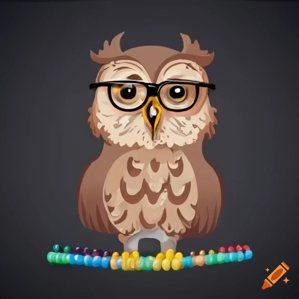A smart looking owl with glasses and an abacus, sticker illustration
