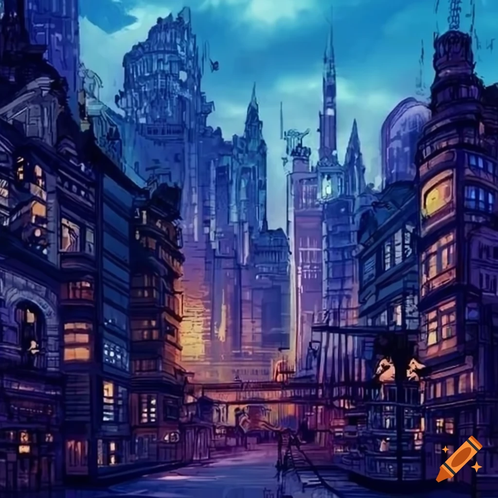 Victorian-inspired futuristic cityscape in manga style on Craiyon