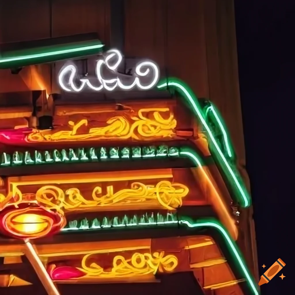 Neon sign at night for a restaurant named chips & cheese
