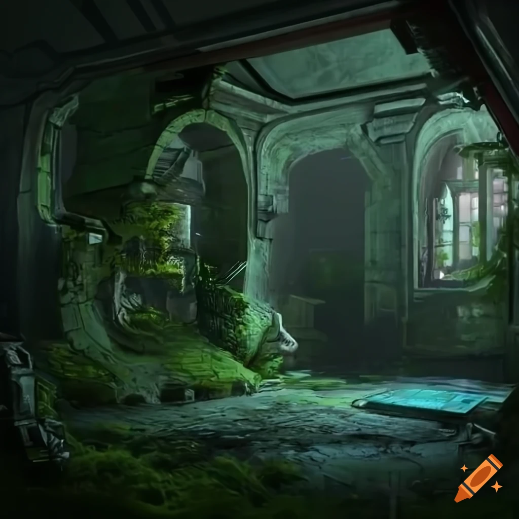 Sci-fi overgrown environment interior on Craiyon