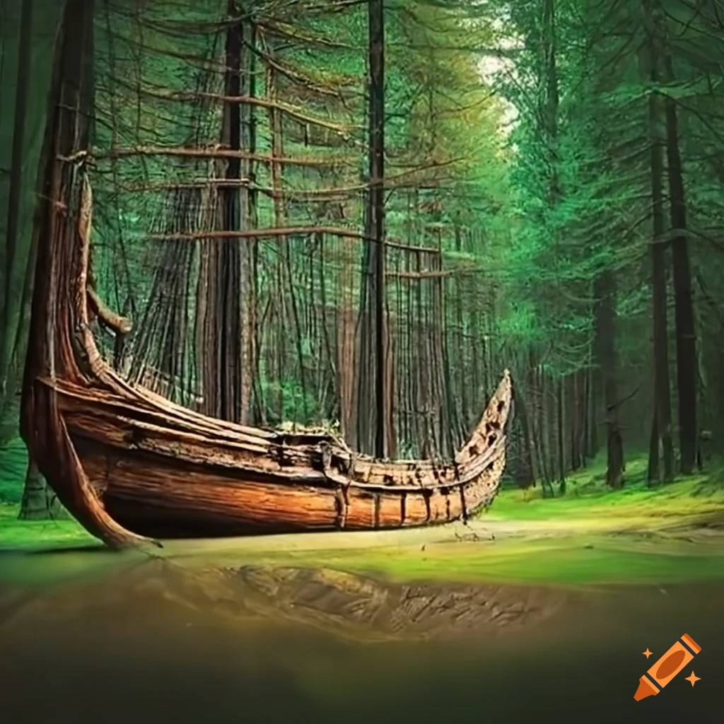 Ancient wooden ship in green pine forest on Craiyon