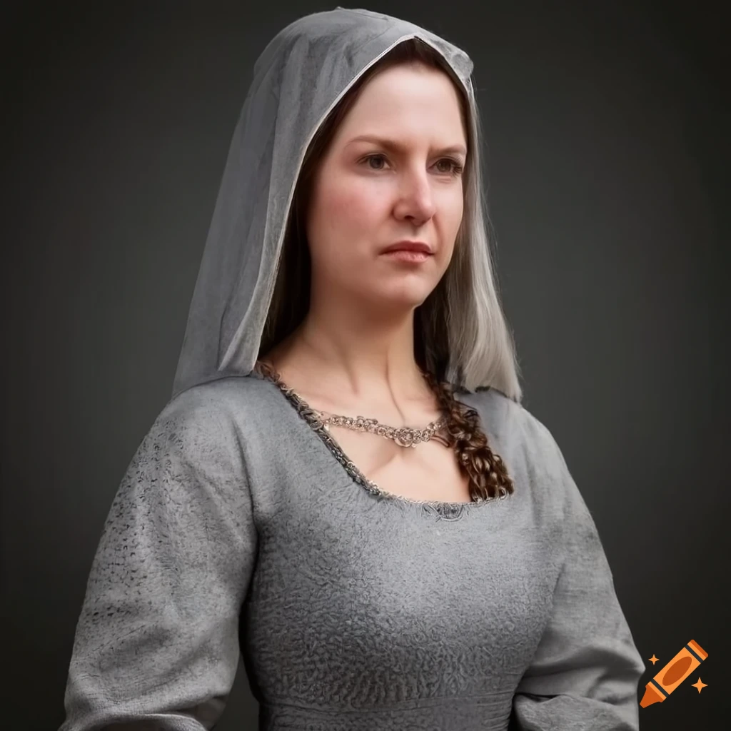 Medieval lady, chubby, grey dress, detailed dress on Craiyon
