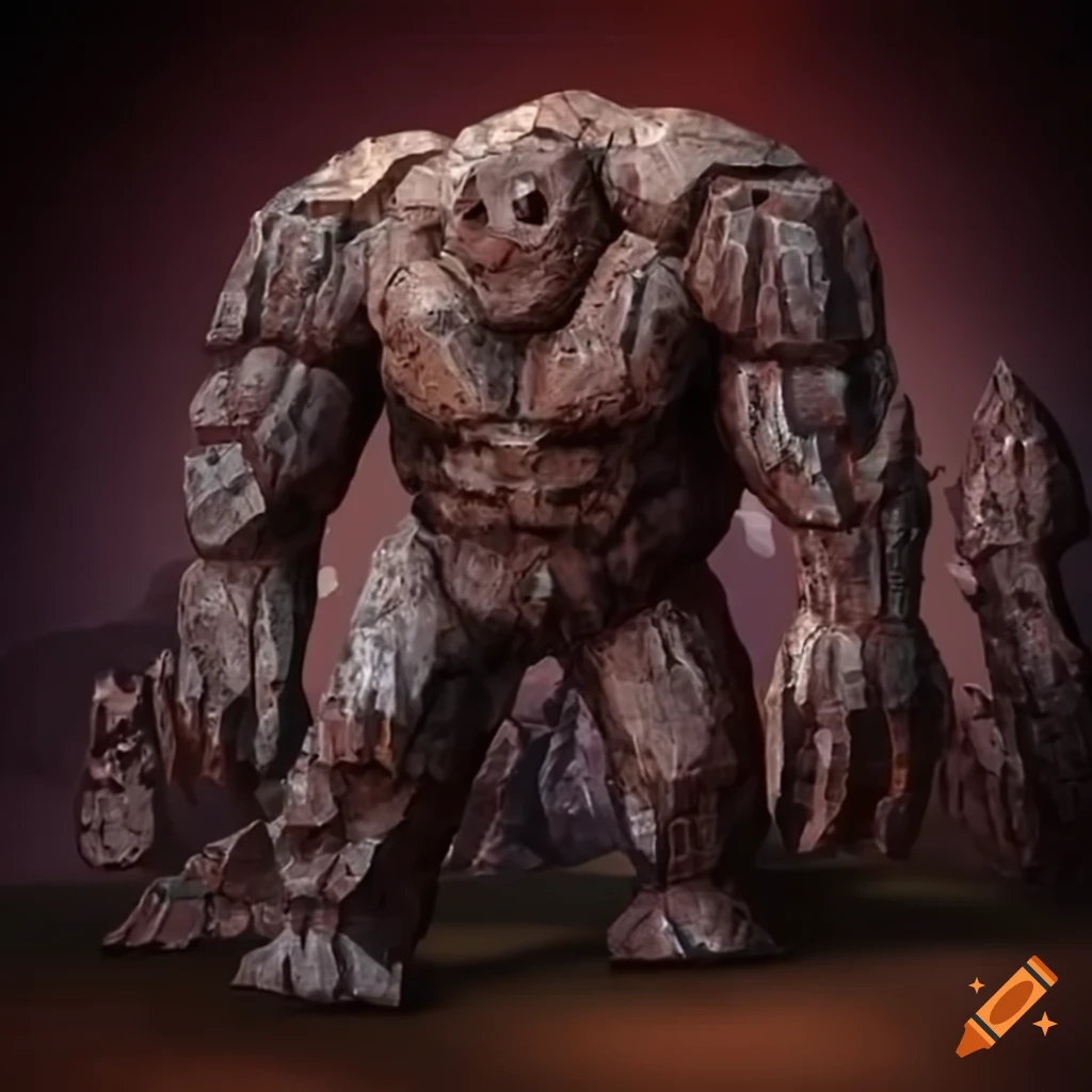 A metallic golem emerging from iron rocks