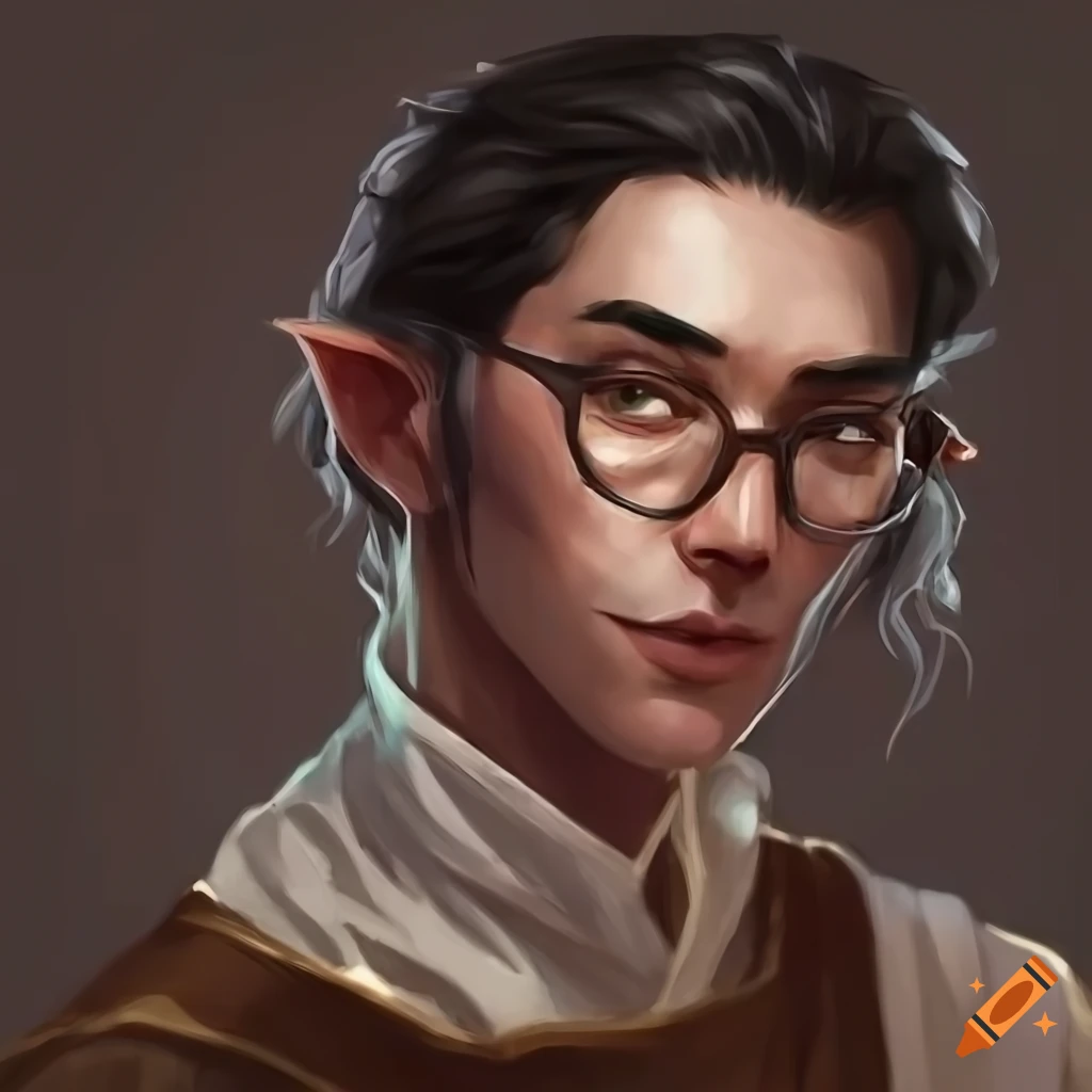 Dnd male merchant, long face, glasses, young, black hair, undercut ...
