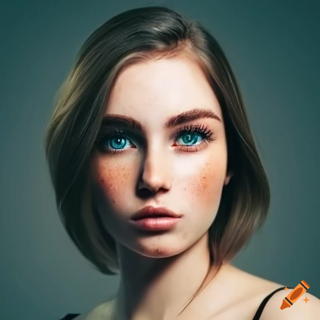 Beautiful young woman shoulder-length hair very light freckles