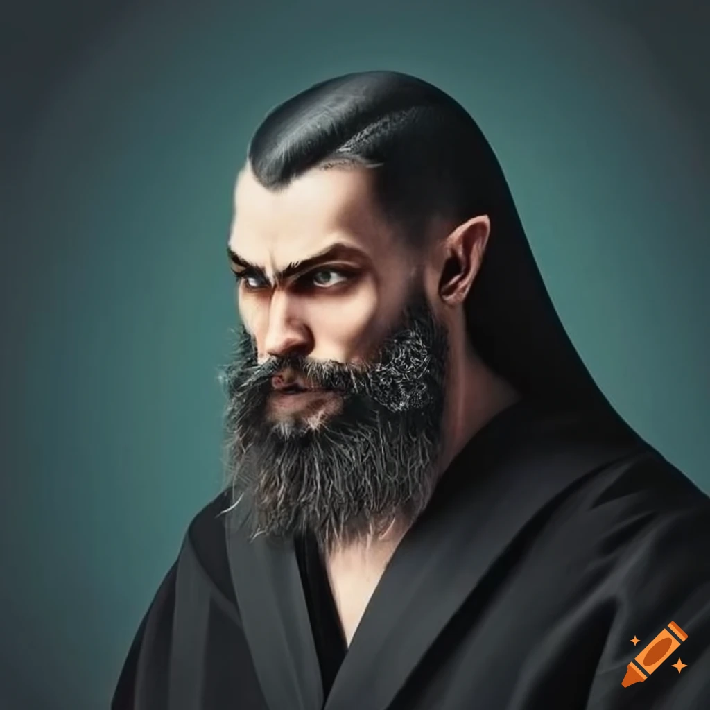 Man in black robe with pointed ears, black beard