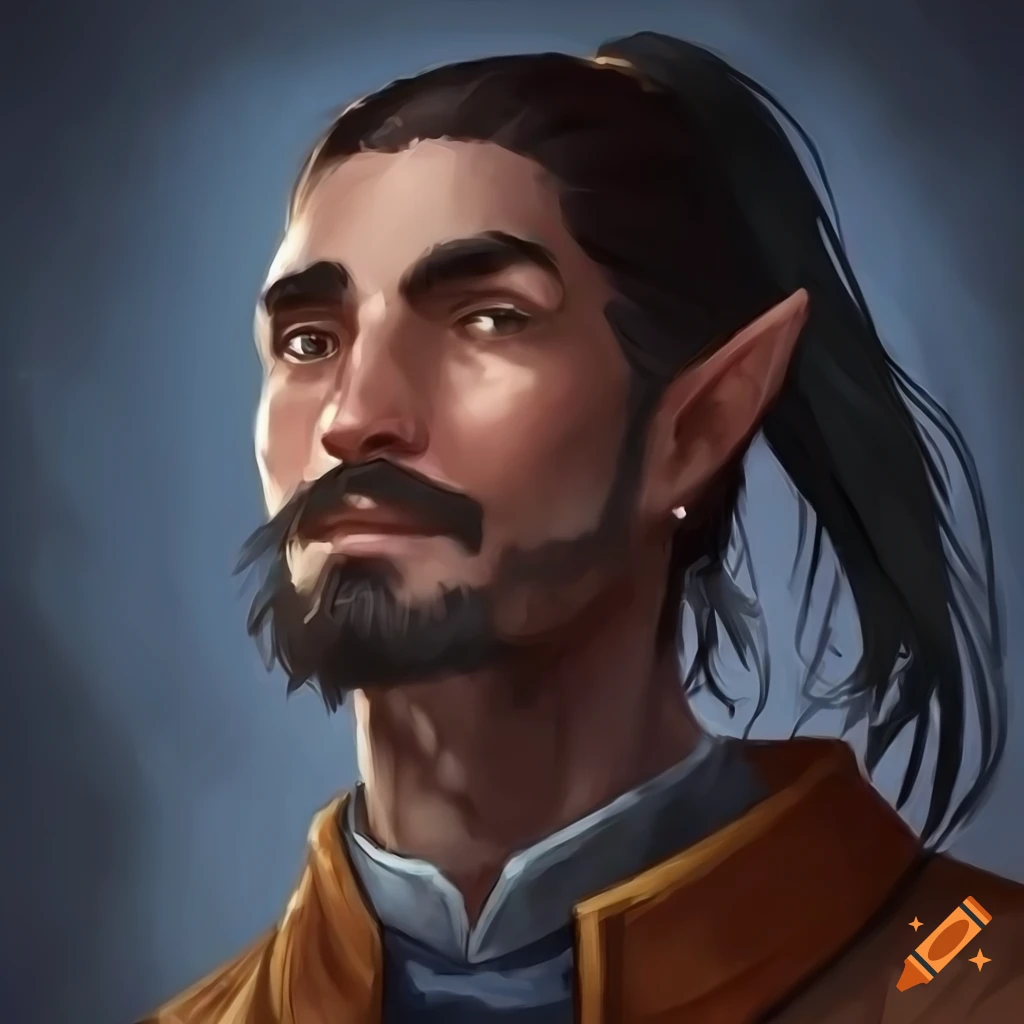 Dnd male merchant, long face, glasses, young, black hair, undercut ...