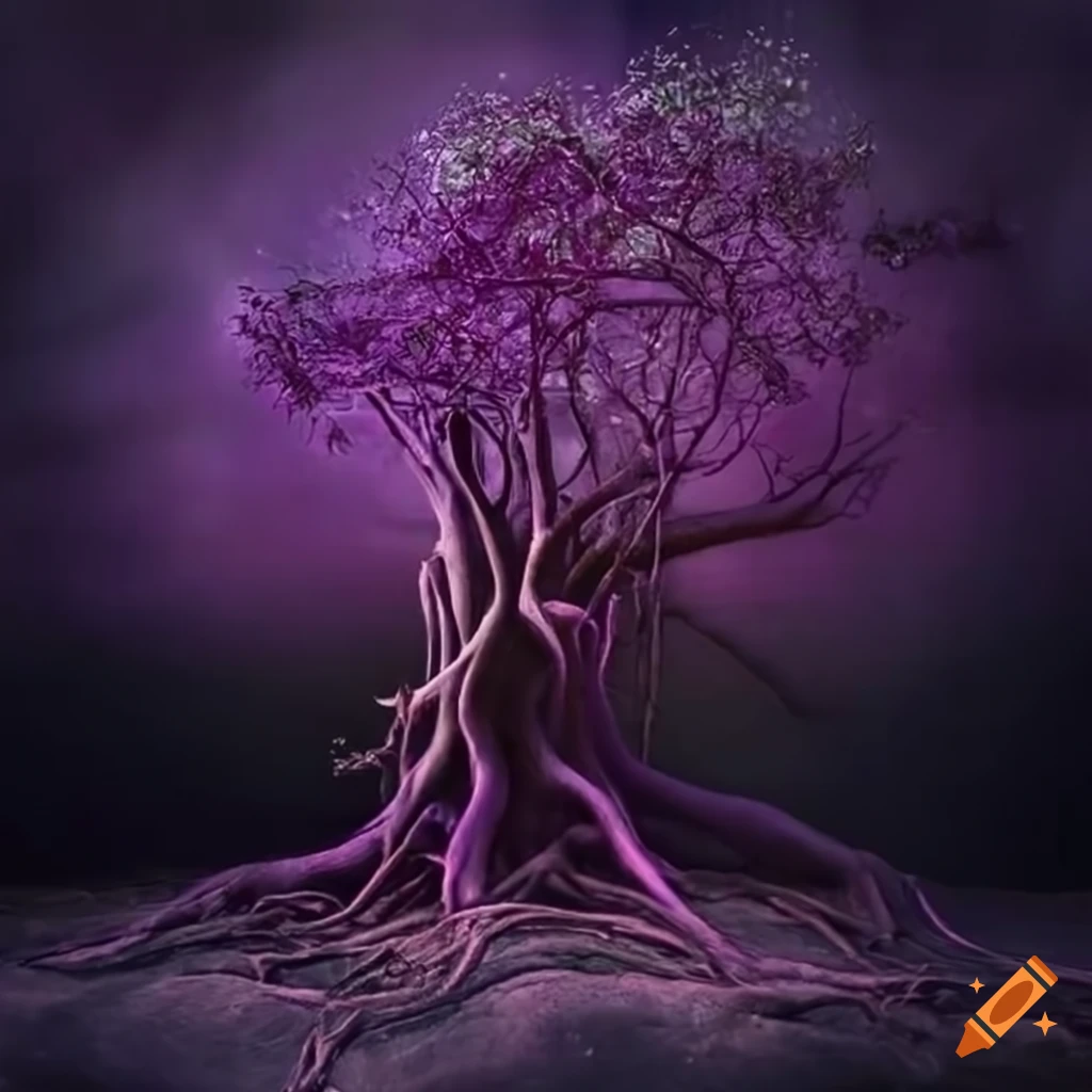 A mystical tree with purple leaves flourishing from a magical root ...
