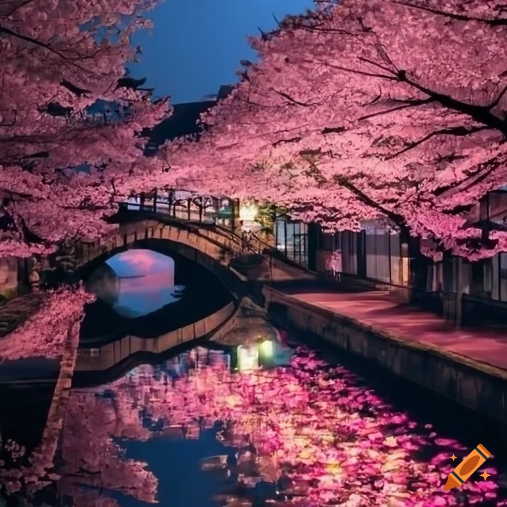 Cherry blossoms, japanese, night, street rivulet, lampion, bridge ...