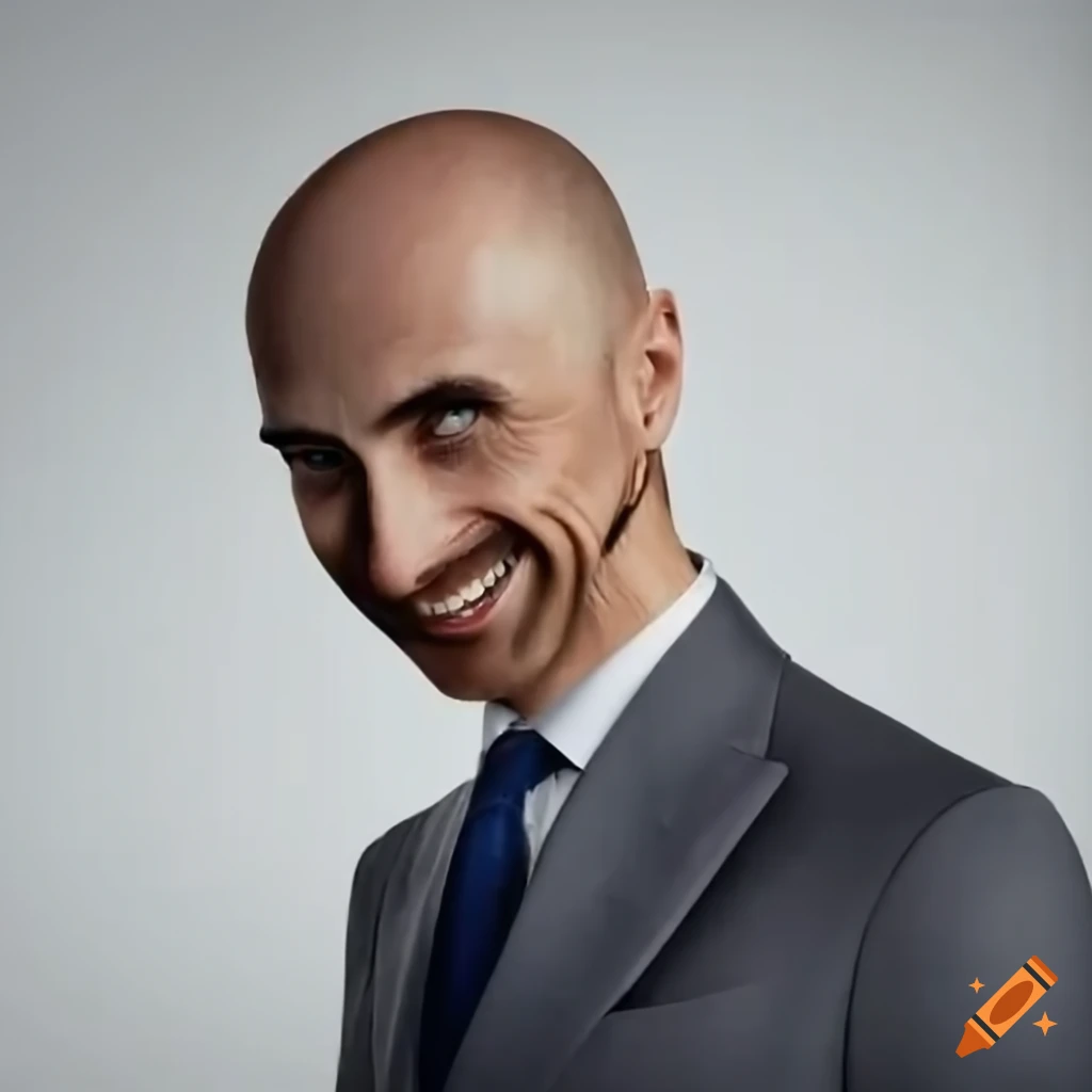 Bald, smile, huge teeth, gray suit with white flower, dark blue tie ...