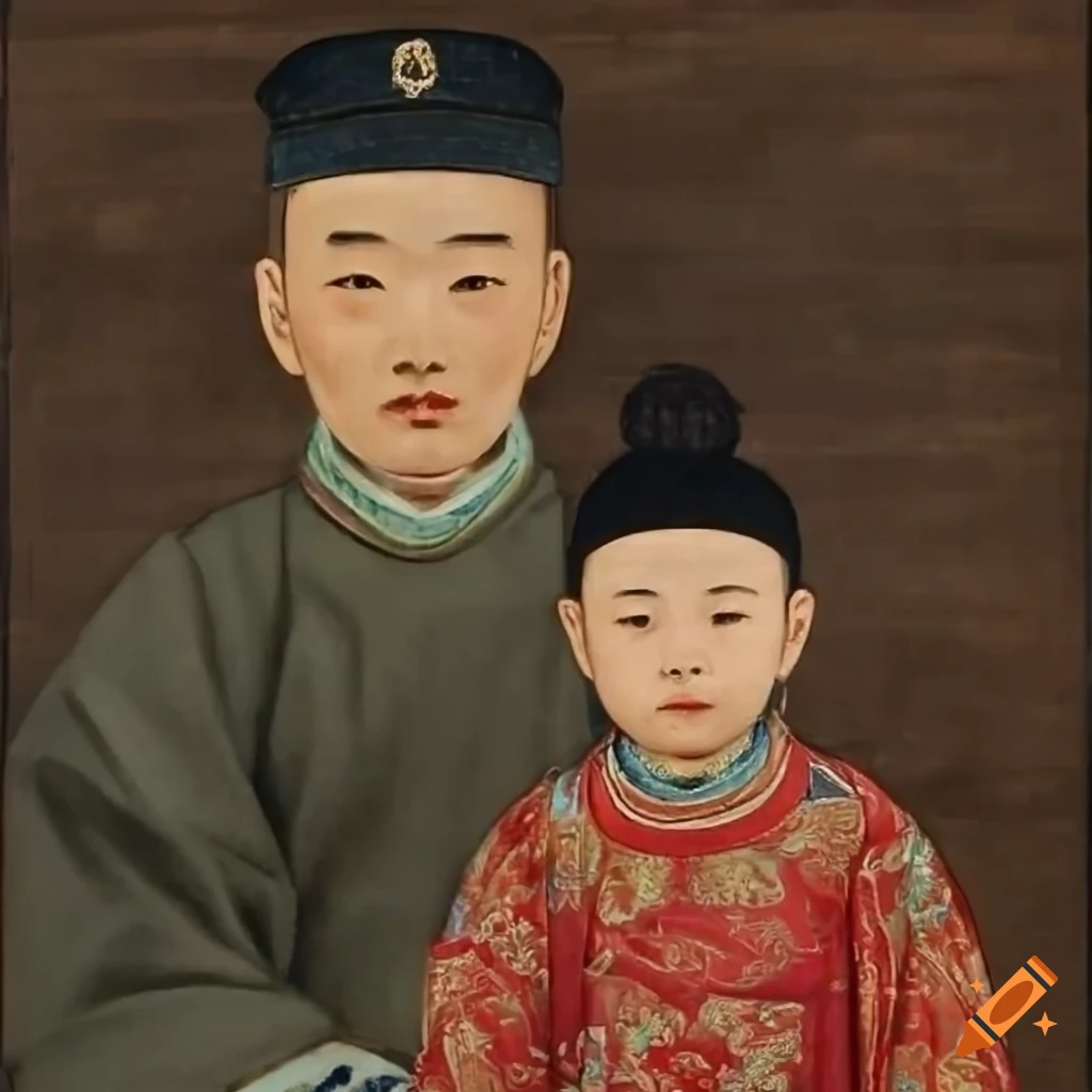 Portrait of a father and son together in traditional chinese style ...