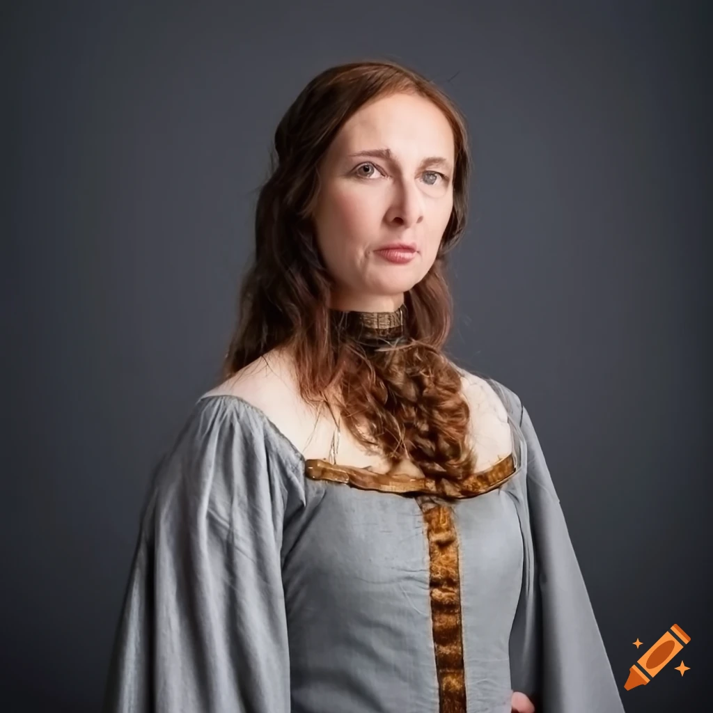 Medieval lady, middle aged woman, brown hair, grey clothes, even face ...