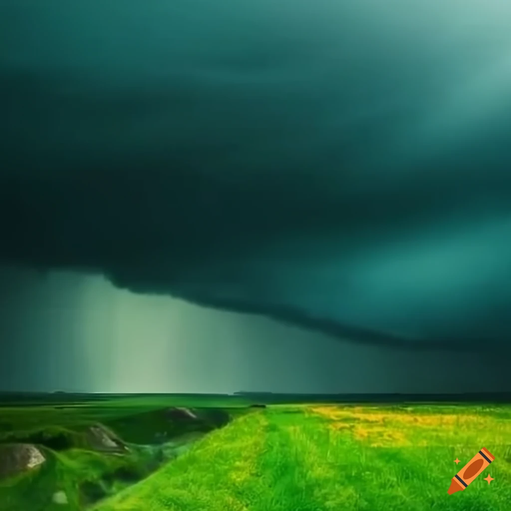 Windy storm with rain and a river and landscape green