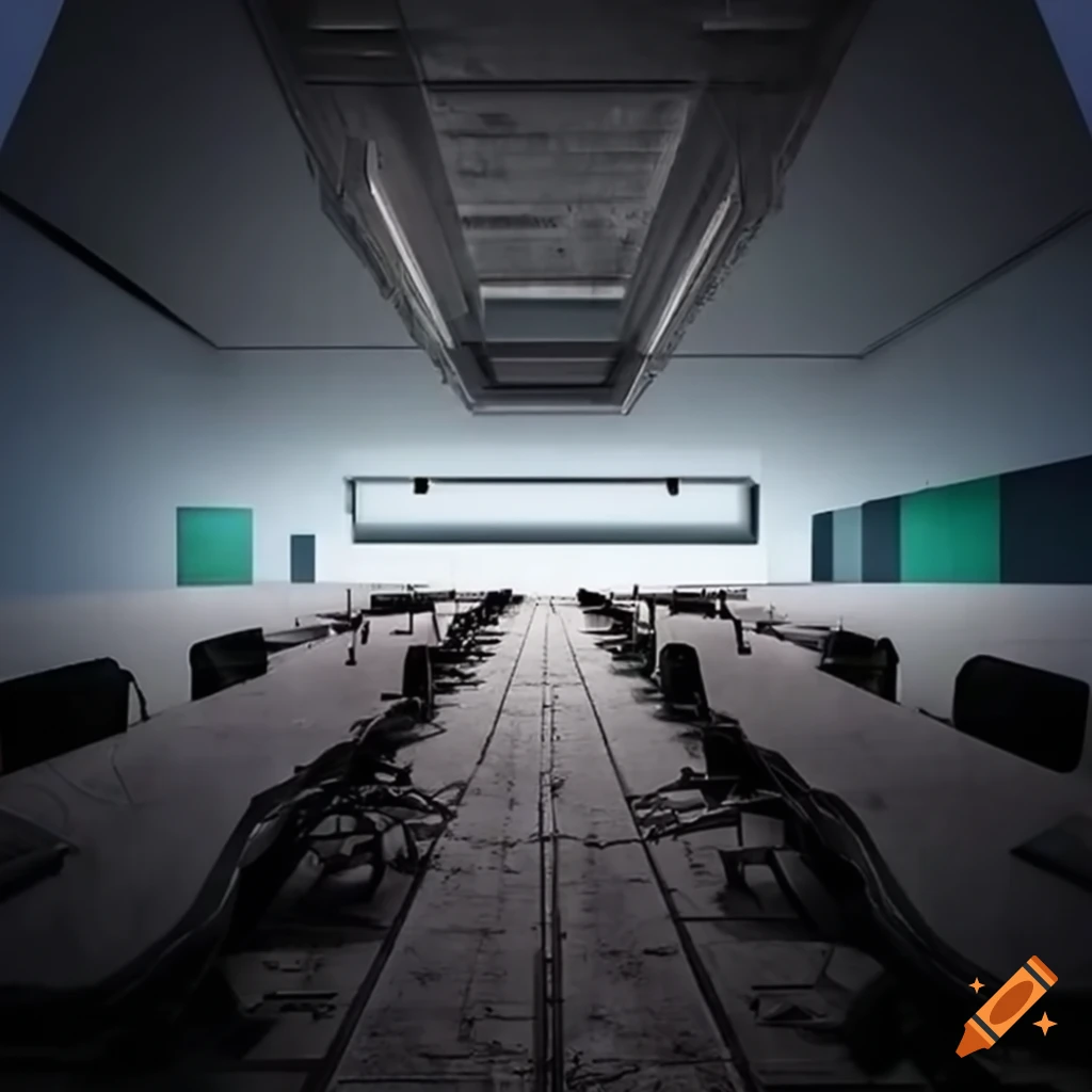 Empty or abandoned office spaces that appear eerie, forlorn, and surreal