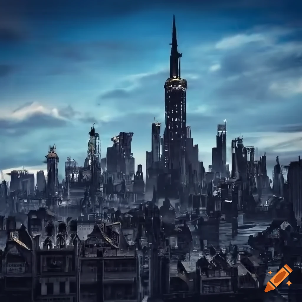 Landscape beautiful handsome elegant steampunk city of gleaming black ...