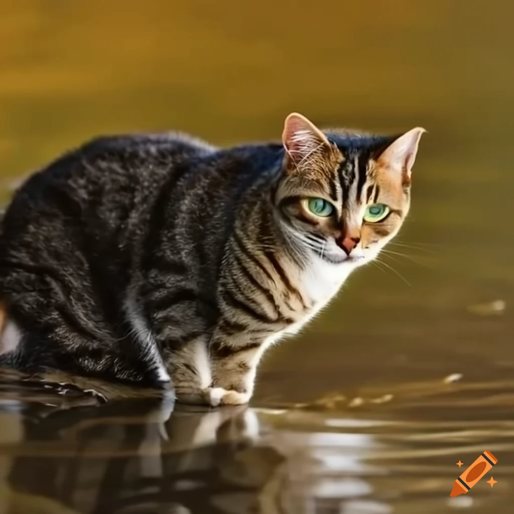 Sad cat sits next a puddle of water, detailed photo on Craiyon