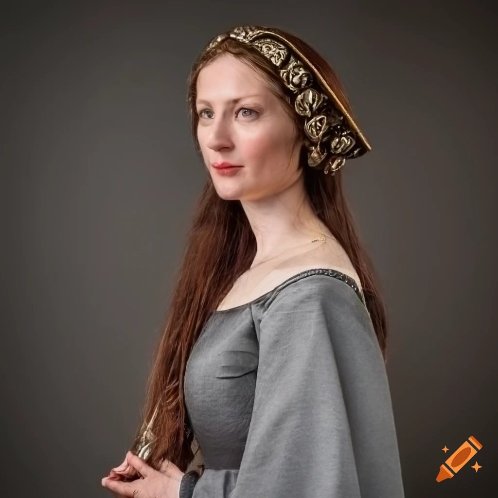 Medieval lady, middle aged woman, brown hair, grey clothes, even face