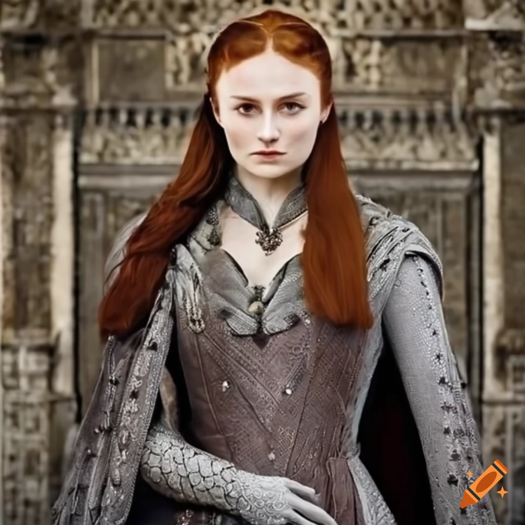 The queen in the north, sansa stark, wearing regal attire