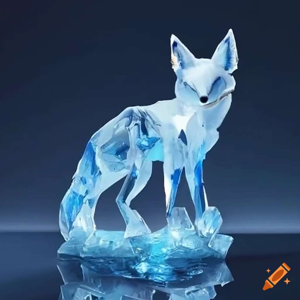 A fox made of crystal-like ice among a blizzard