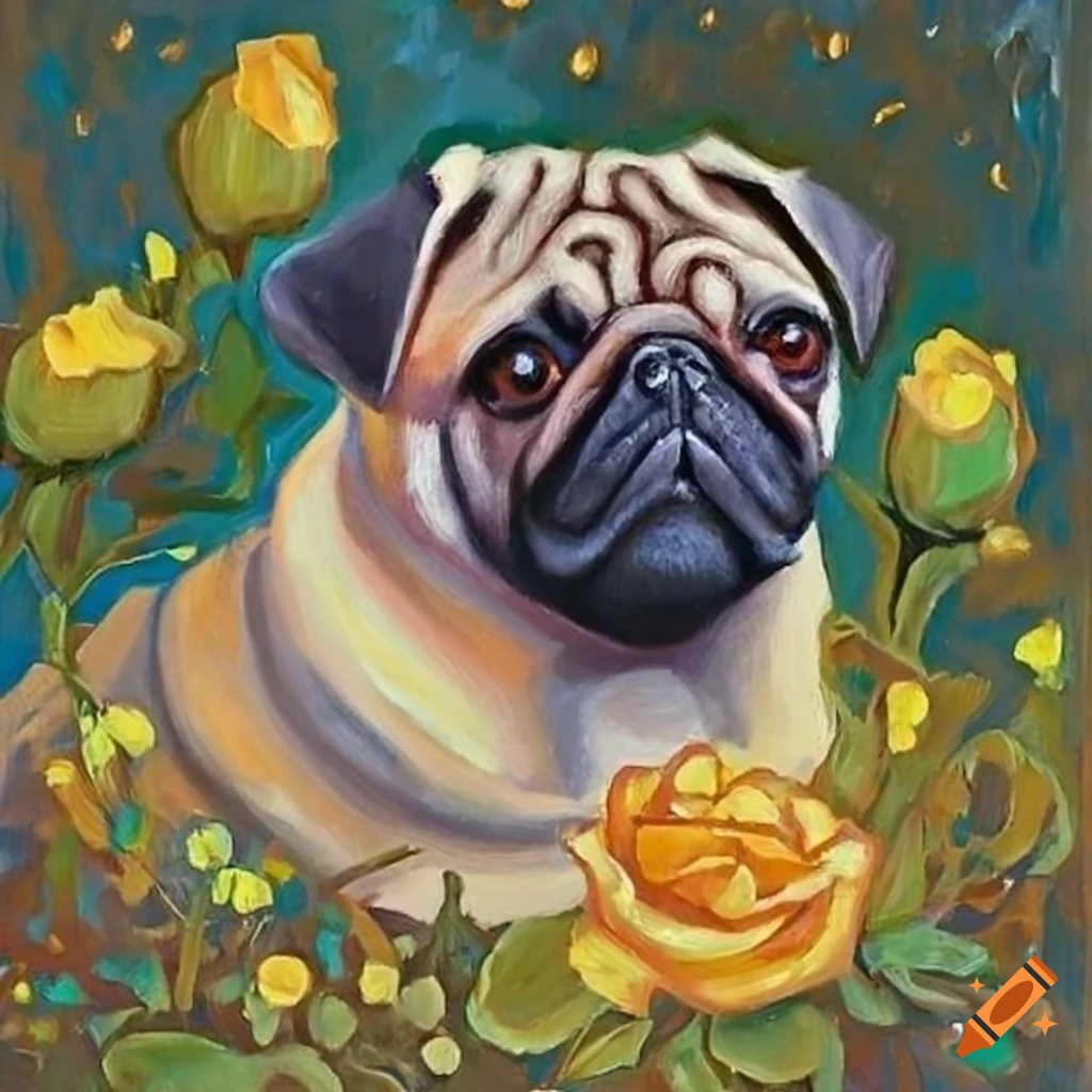 An impressionist painting of a fawn pug in a garden with yellow roses ...