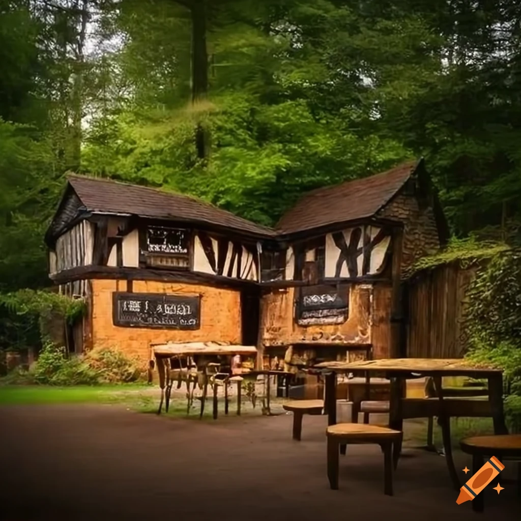 Timber neo-tudor pub with beer garden in a woodland on Craiyon