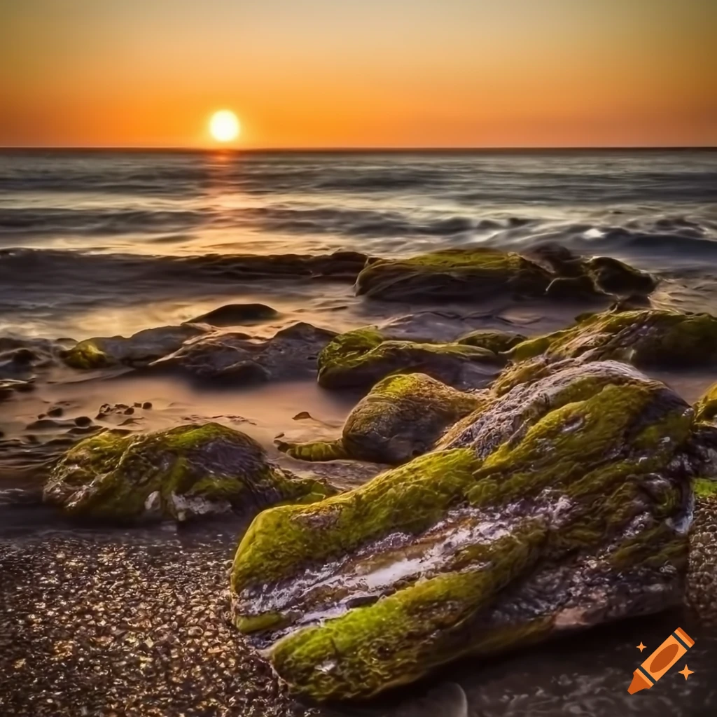 Detail photography waves sunset beach moss stone foreground