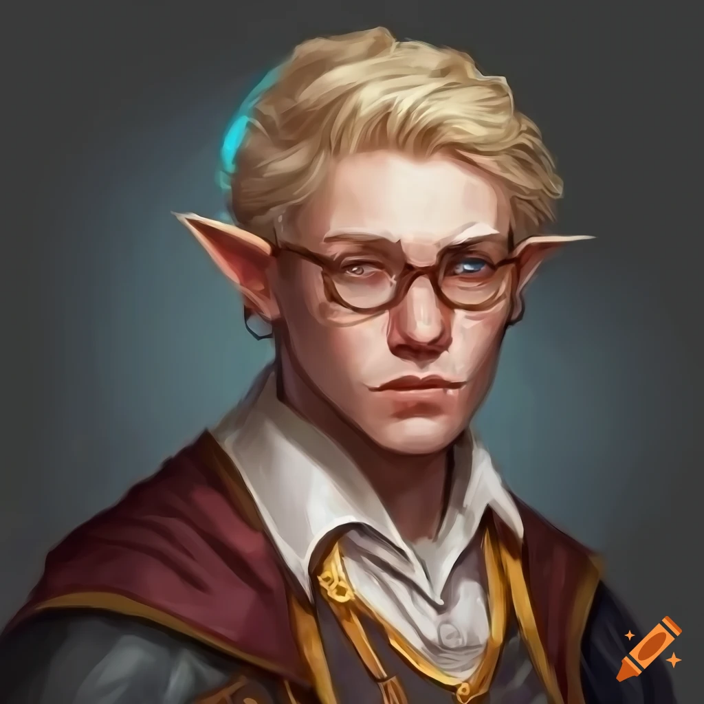 Serious dnd male merchant, glasses, young, blonde hair, short haircut ...