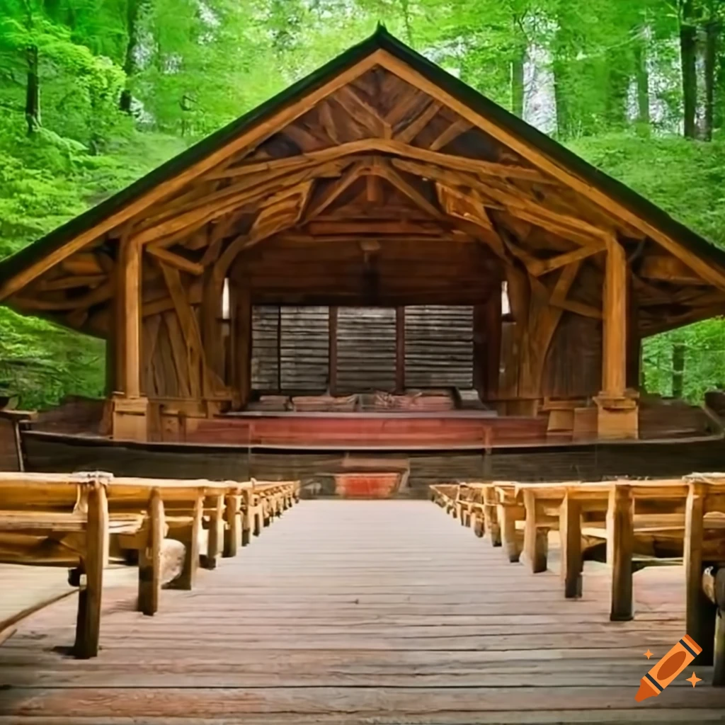Timber neo-tudor amphitheatre in a woodland on Craiyon