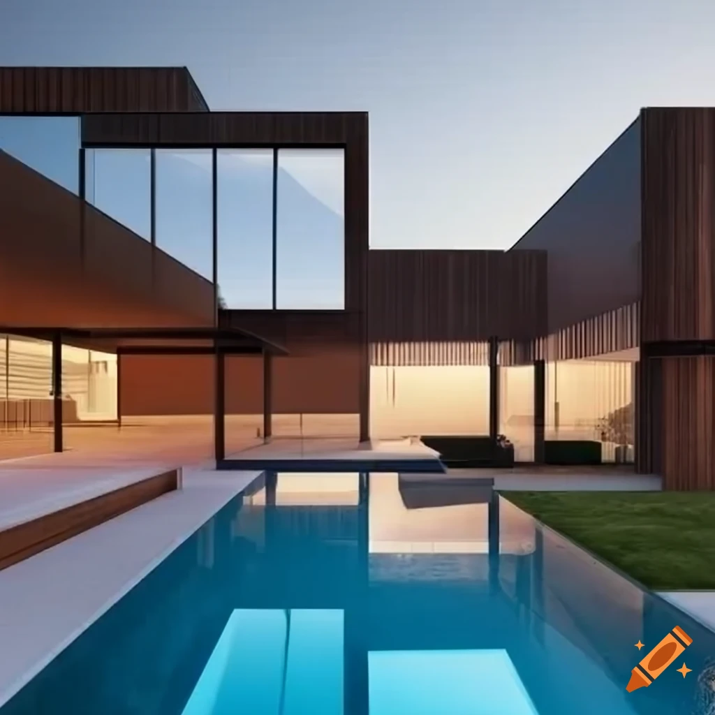 Architectural visualization of a club house exterior view with pool on ...