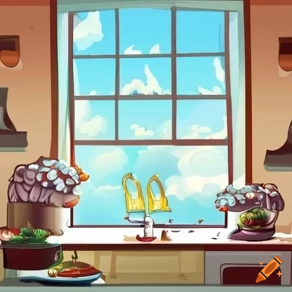 View outside from a kitchen window cartoon on Craiyon