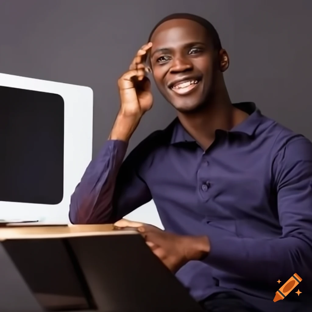 African man smiling in front of computer on Craiyon