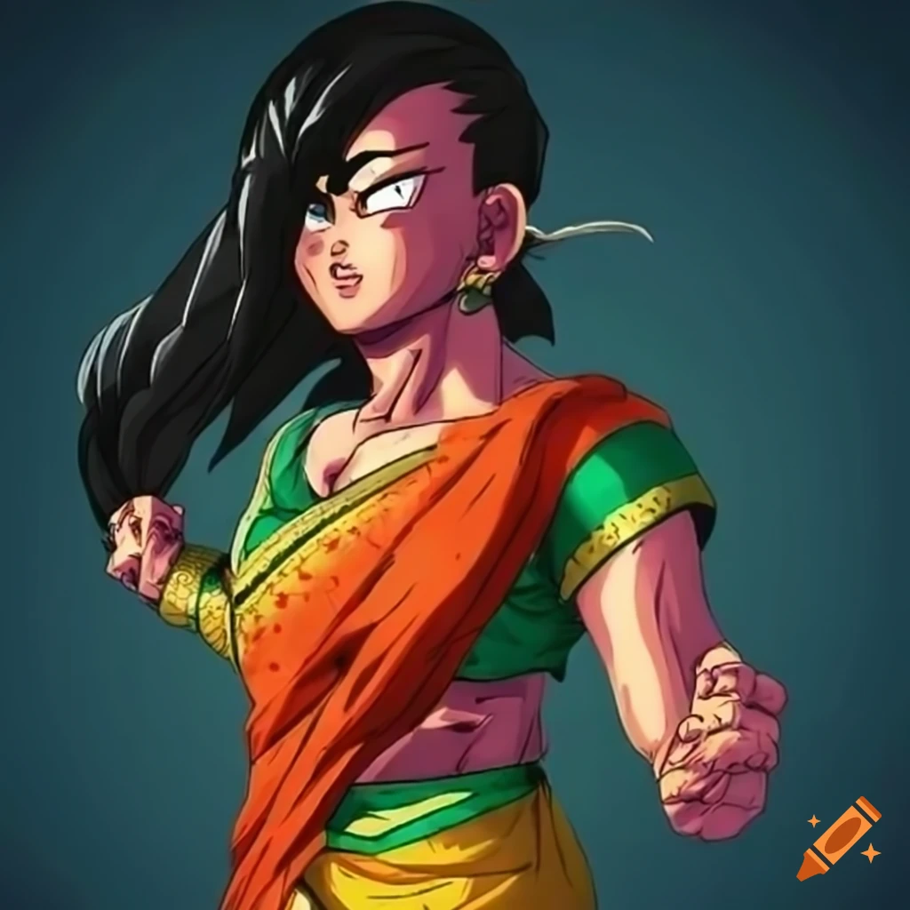 Dragon ball style, female indian fighter wearing saree