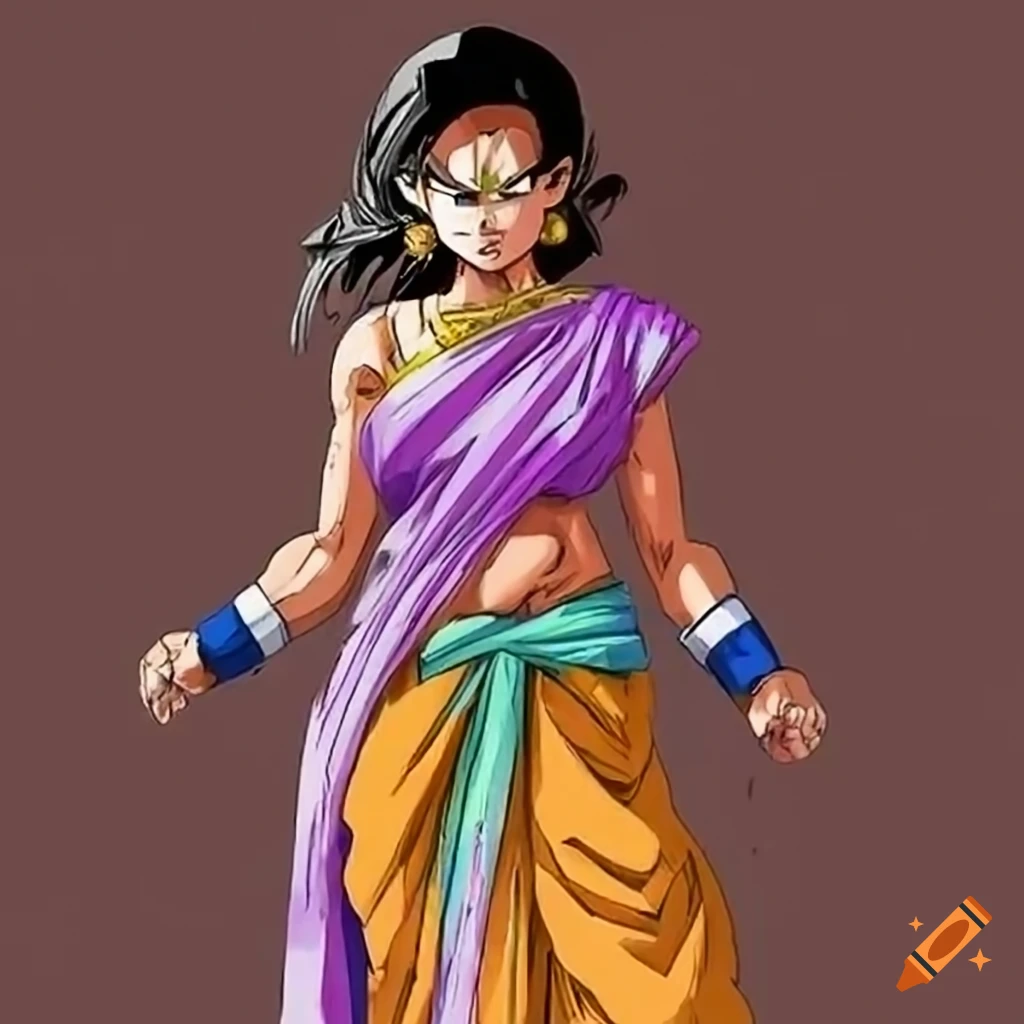 Dragon ball style, female indian fighter wearing saree