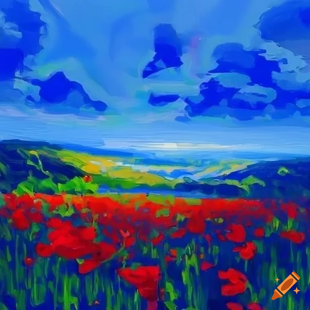 In a digital impressionist art style, a field of poppies in a gently ...