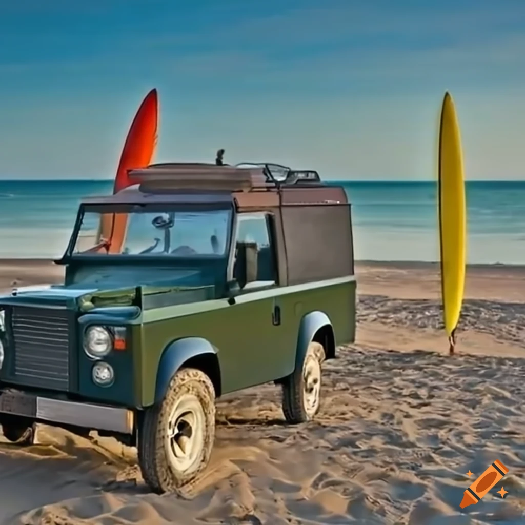 A land rover on the beach with surfboards on the roof on Craiyon
