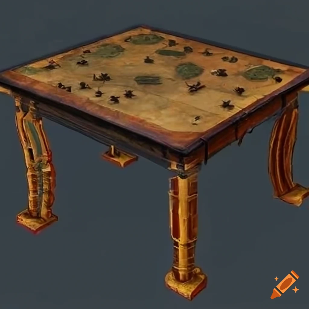Design a large table with intricately detailed maps, specifically ...