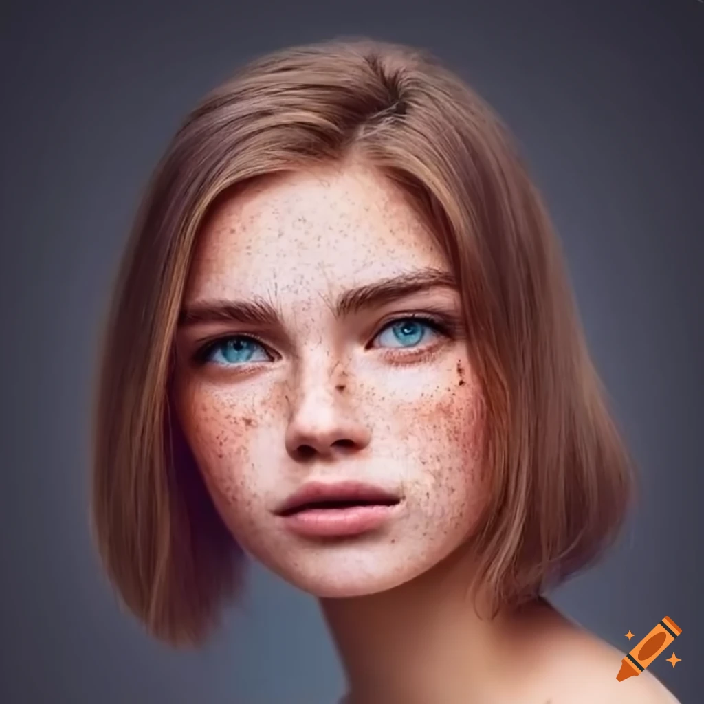 Beautiful young woman shoulder-length hair very light freckles