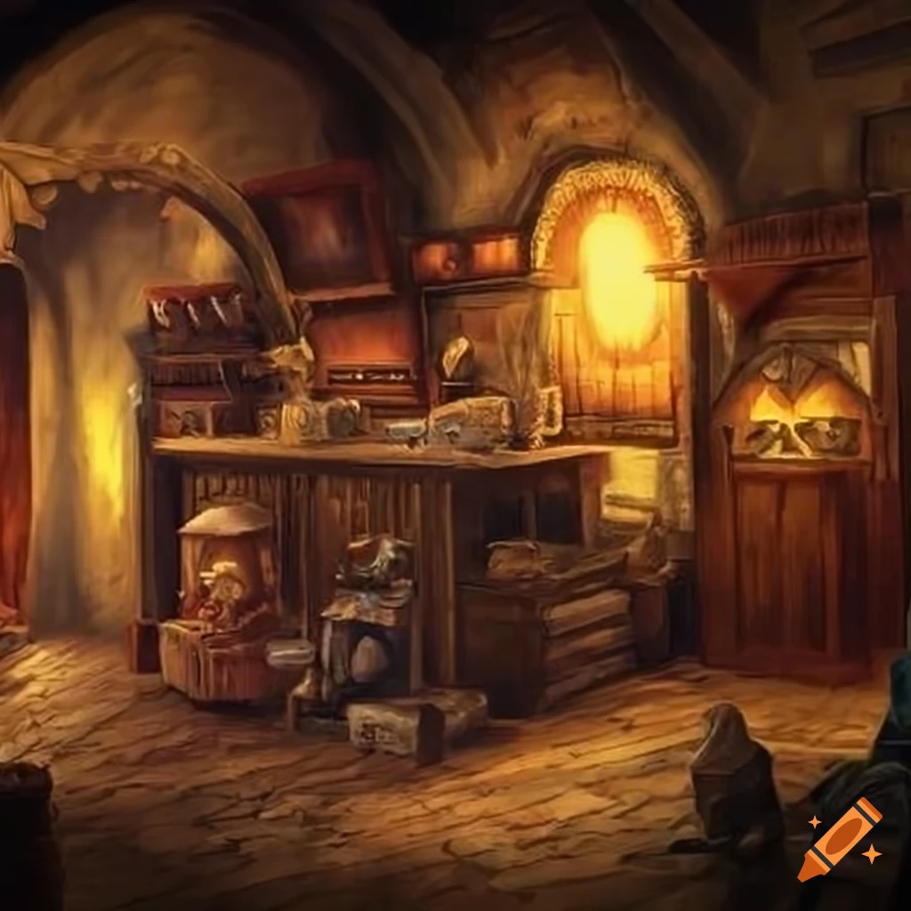 Classic fantasy, general store in a fantasy town on Craiyon