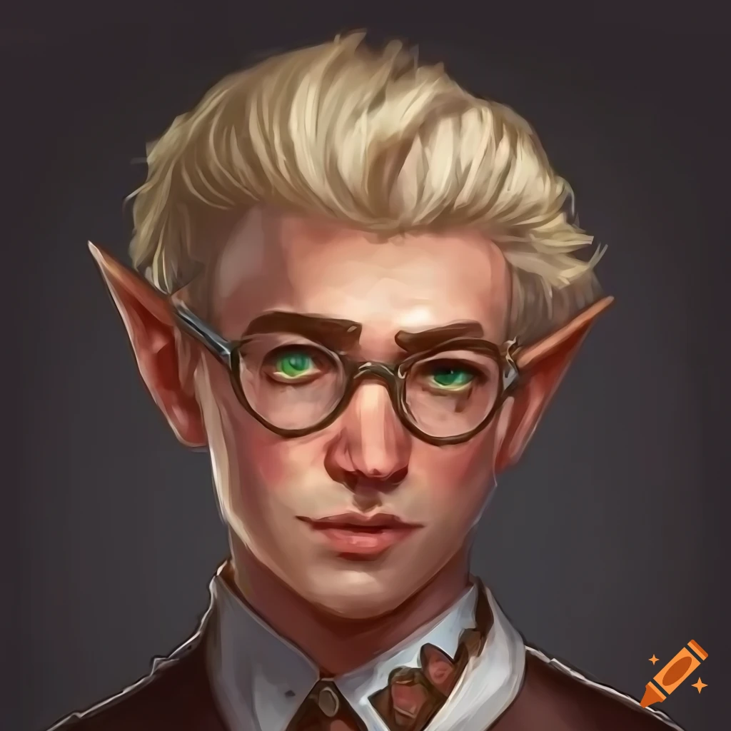 Dnd male merchant, glasses, young, blonde hair, short haircut, high ...