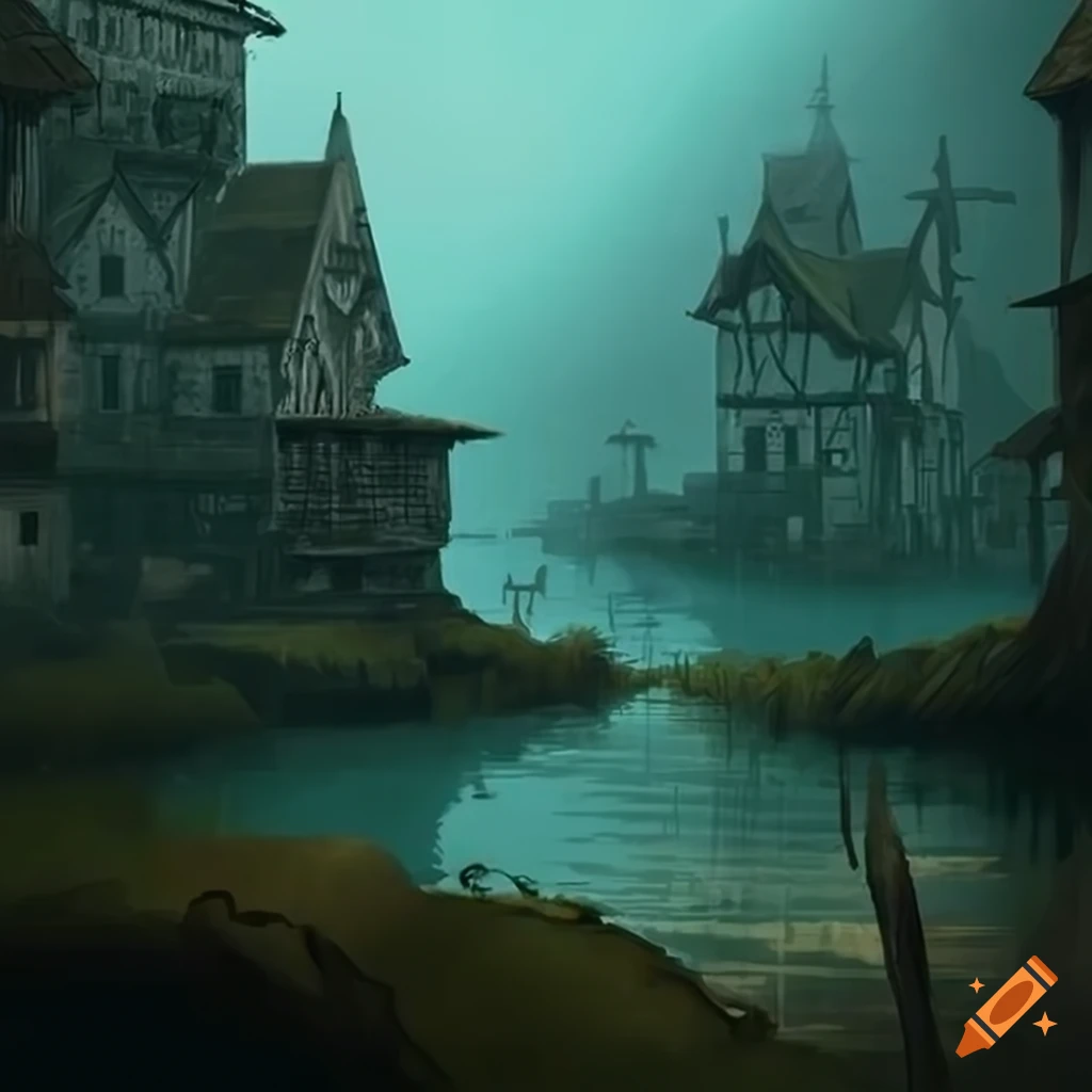Medieval fantasy, blackwater, an isolated town surrounded by a murky ...