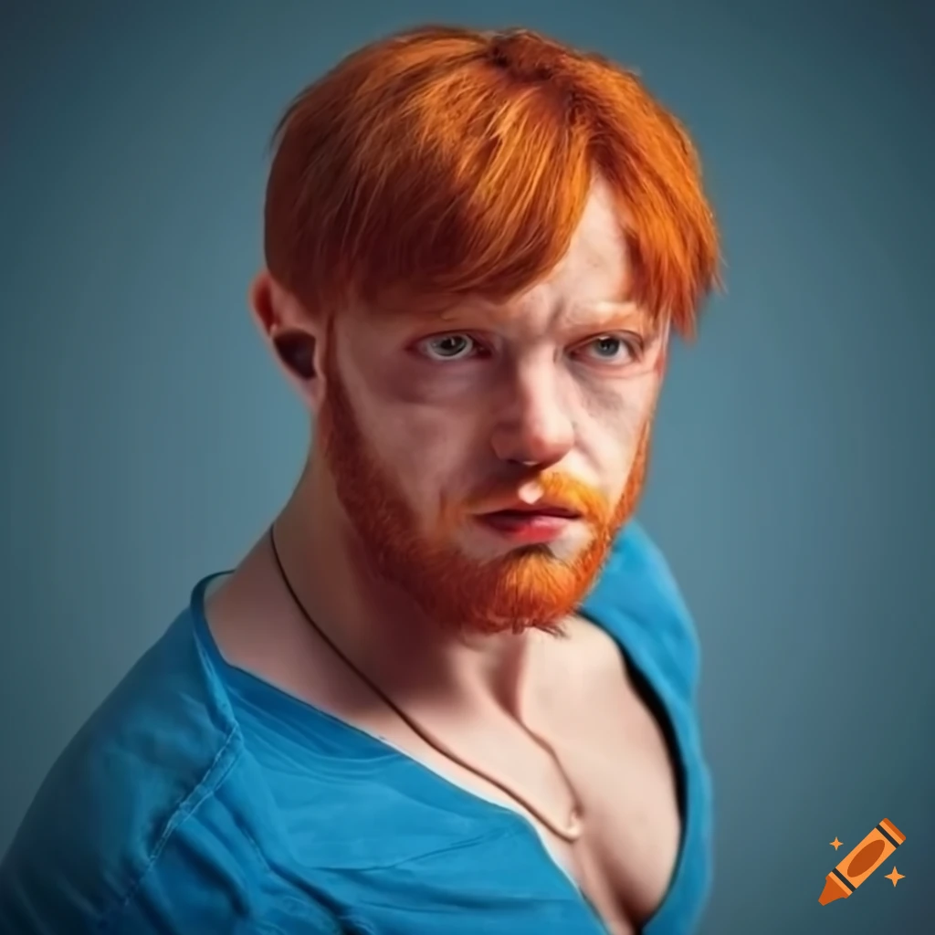 Portrait of a bulky red haired man wearing a blue tunic on Craiyon