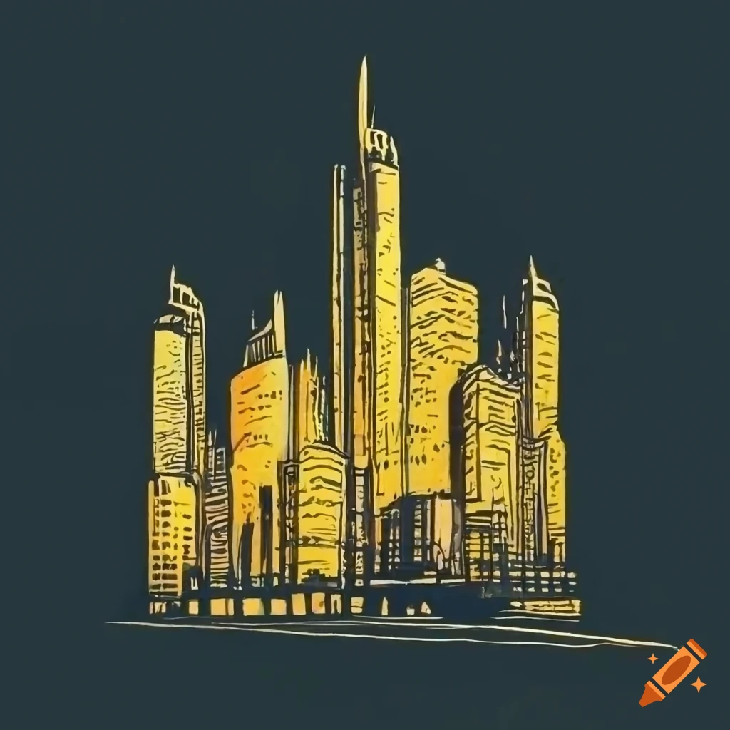 Detailed cityscape drawing with skyscrapers in black and yellow