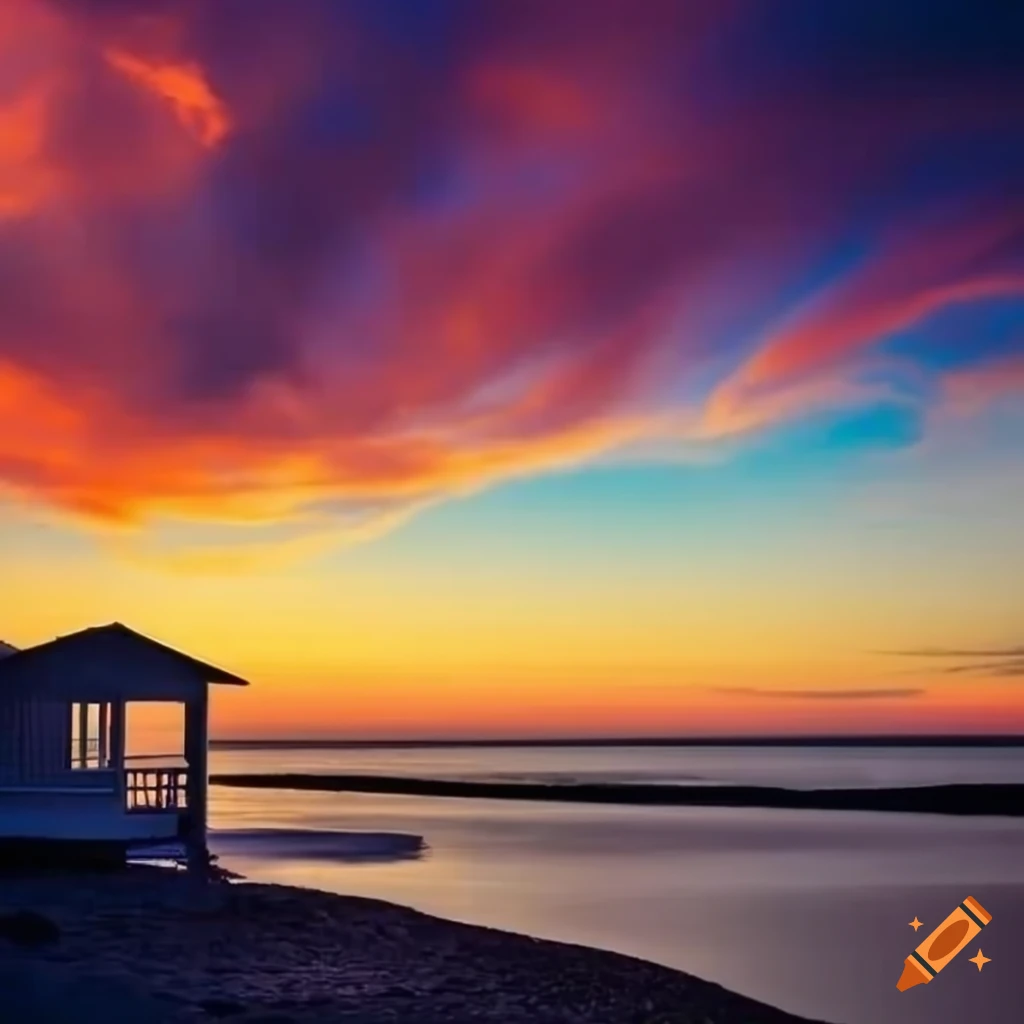 View from afar on beach house sunset clouds dramatic