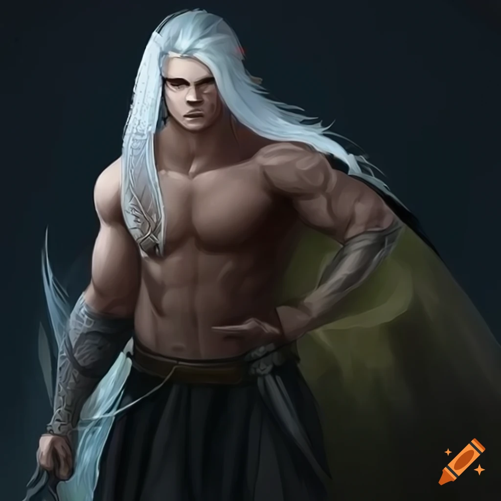 An elven sword fighter with a muscular physique, long white hair and ...