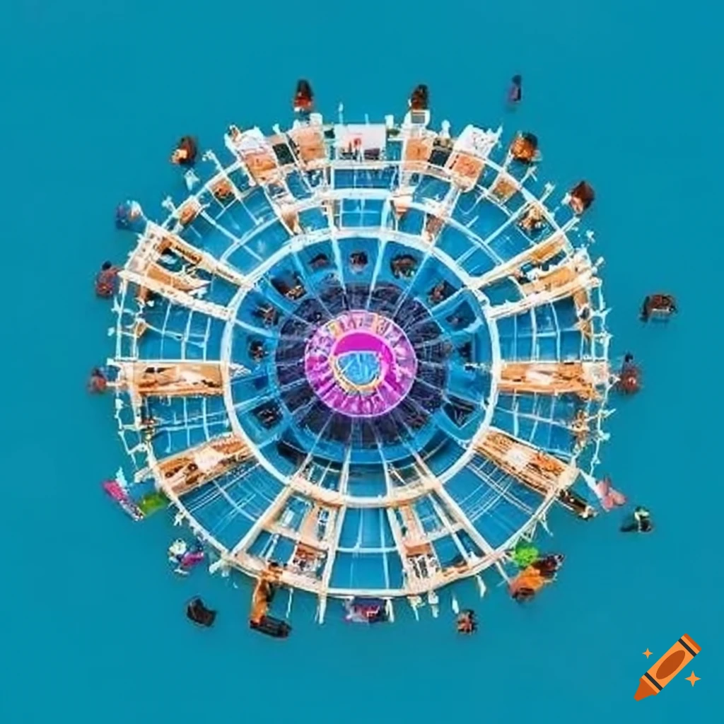 Bird's eye view of a large blue festival tent